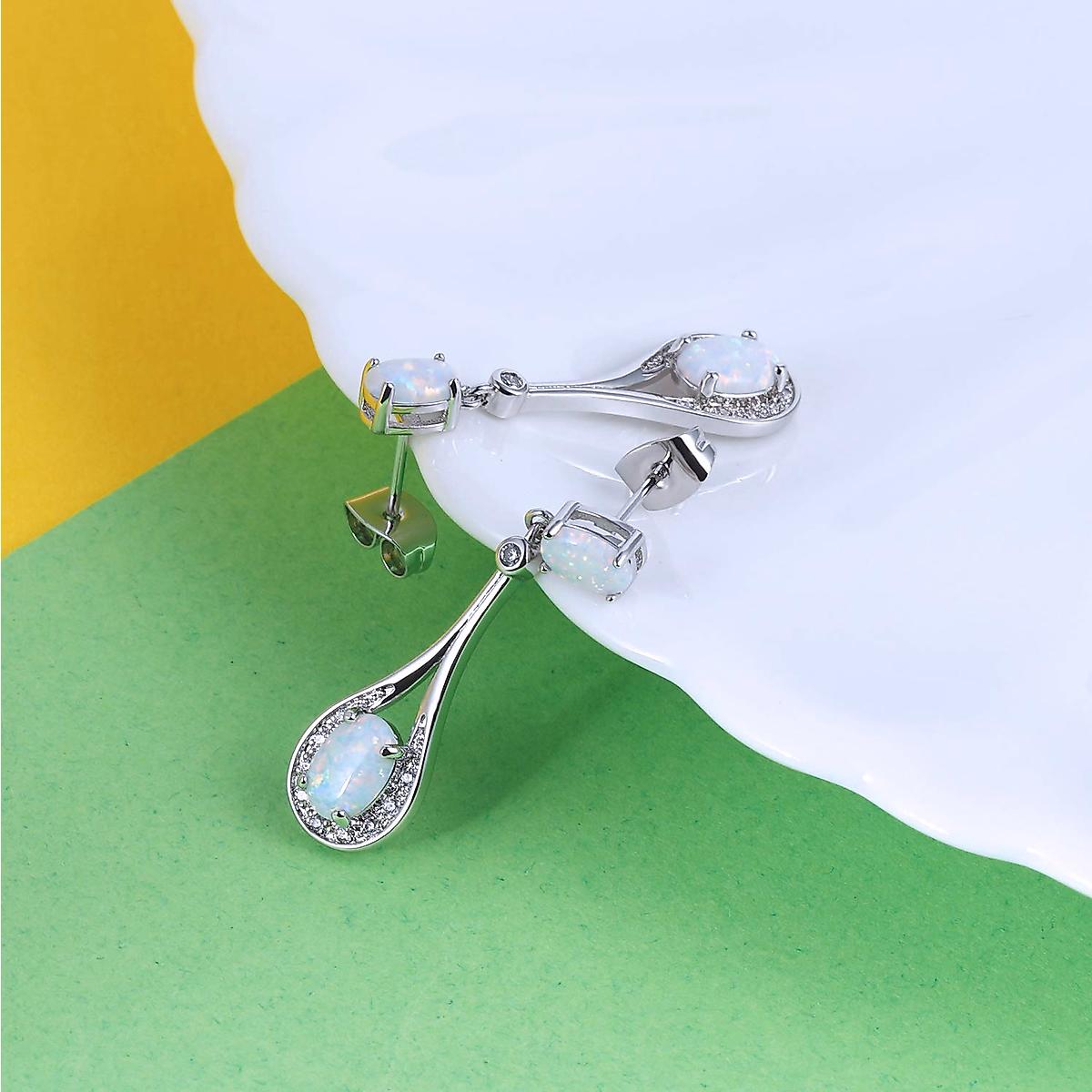 18K White Gold Plated Fire Opal Birthstone Gemstone Drop Earrings Dangle Earingings Dangly Jewelry Birthday Gifts Hypoallergenic for Women