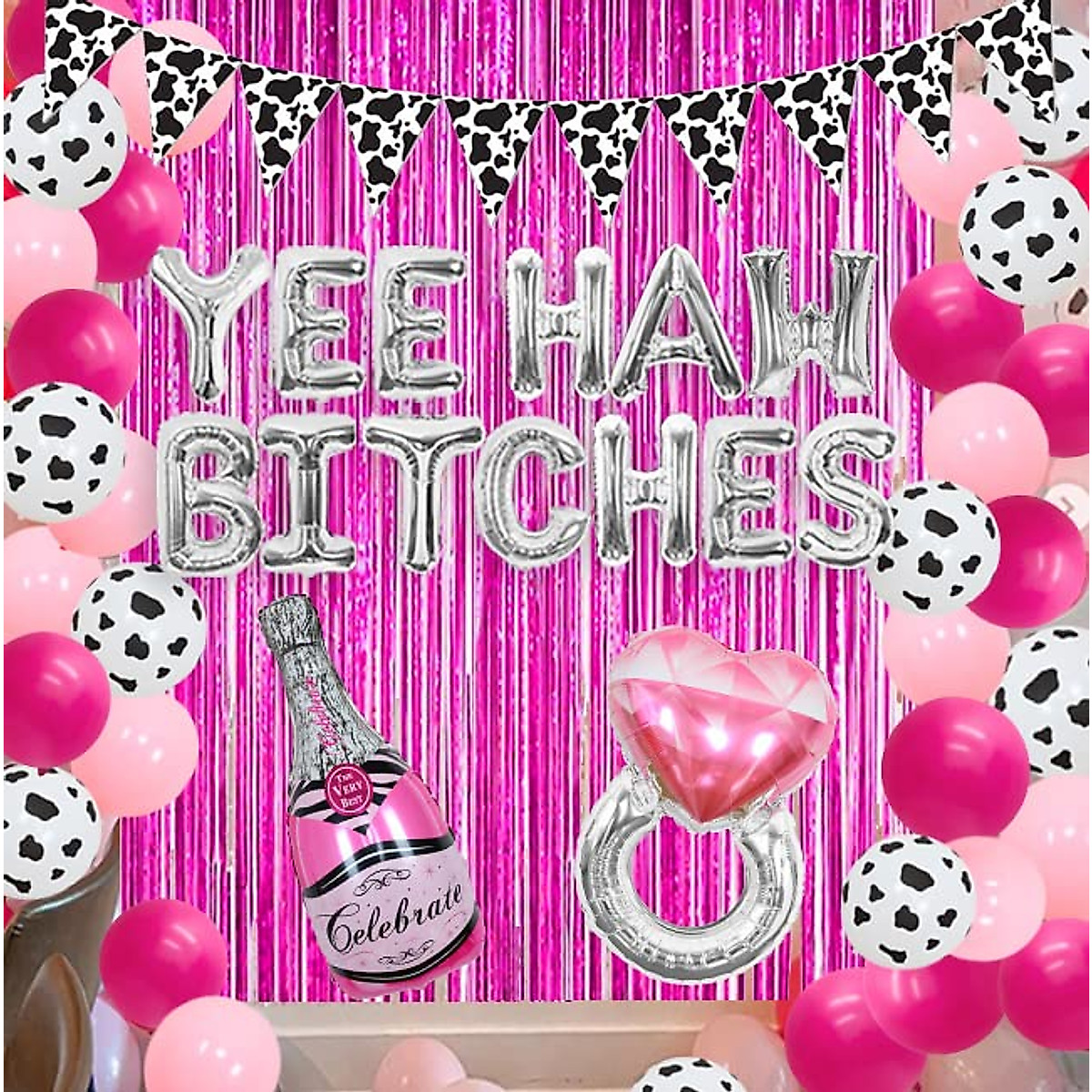 Western Bachelorette Party Decorations, Silver Yeehaw Bitches Balloon Cow Print Pennant Banner, Cowgirl Nashville Bridal Shower Supplies