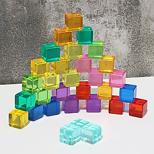 Candywood Rainbow Acrylic Gem Cubes Blocks Children Educational Sensory Training Crystal Toys Baby Learn Color Light Shadow Stacking Toys (10-Pcs)