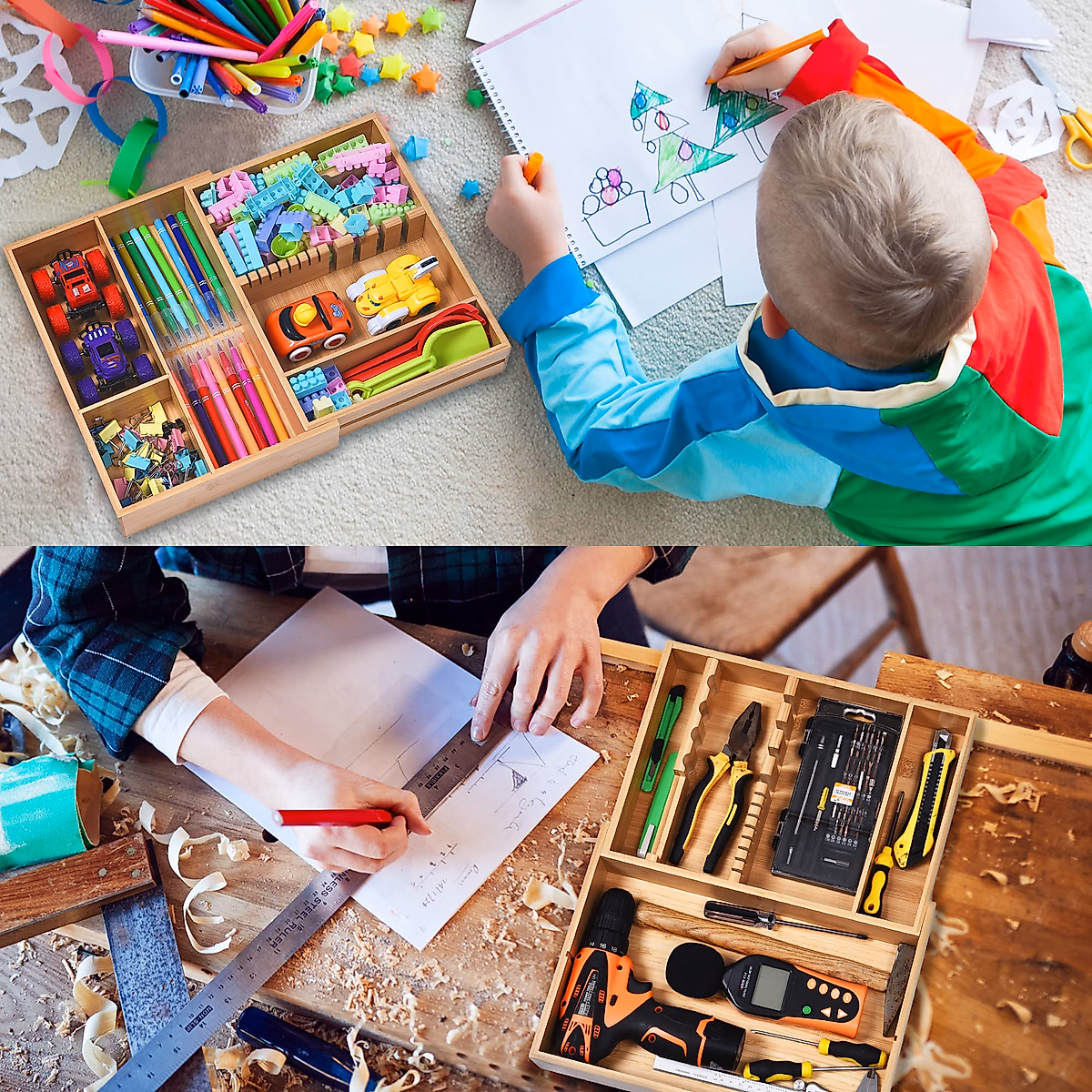 ULG Expandable Bamboo Kitchen Drawer Organizer, Adjustable Cutlery Tray Silverware Organizer with Removable Drawer Dividers, Drawer Dividers Organizer for Silverware, Kitchen Utensils, Office Storage