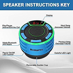 BassPal IPX7 Waterproof Speaker, Bluetooth Portable Wireless Shower Speakers with LED Display, FM Radio, Suction Cup, Light Show, TWS, Loud Stereo Sound for Pool Beach Home Party Travel Outdoors