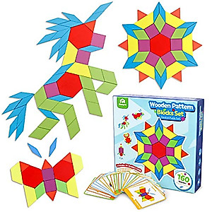 Coogam 160 PCS Wooden Shape Puzzle Pattern Blocks, Geometric Tangrams Game Brain Teaser Toy, Geo Preschool Learning Activity STEM Montessori Gift for Kids with 24 Pcs Design Cards