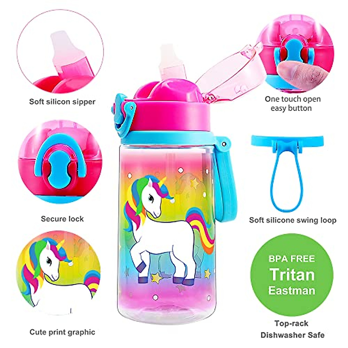Home Tune 18 oz Cute Water bottle with Straw for Girls, BPA FREE Tritan & Leak Proof One Click Open Flip Top & Easy Clean & Soft Carry Loop (Unicorn)