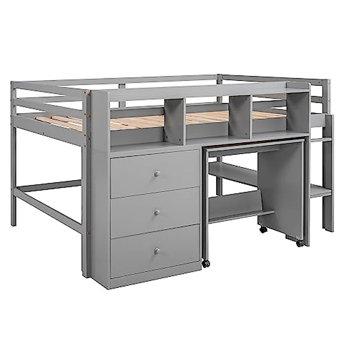 Wooden Full Size Bed Frame Full Size Low Loft Bed with Rolling Portable Desk, Drawers and Shelves, Gray