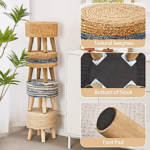 Cpintltr Round Ottoman Natural Seagrass Footstool Hand Weave Water Hyacinth Poufs Eco Friendly Sofa Foot Stool Soft Step Stool Padded Foot Rest with Pine Legs for Living Room Bedroom Blue
