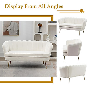 NNOOTK Boucle Teddy Fabric Small Loveseat Sofa with Gold Metal Legs, 59” Modern 2 Seater Sofa with Flower Backrest, Couch for Living Room Bedroom Office (Ivory White)