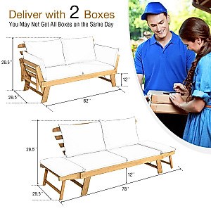 Tangkula Acacia Wood Patio Convertible Couch Sofa Bed with Adjustable Armrest, Outdoor Daybed with Cushion & Pillow, Folding Chaise Lounge Bench Ideal for Porch Courtyard Poolside (Red)