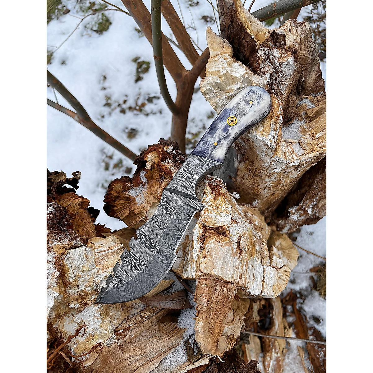 Titan International Knives Damascus Hunting and Camping Knife | Fixed Blade Survival Knive Handmade 1095 4340 Carbon Mix Hand Pounded | Bolster and Dyed Bone Handle with Leather Sheath Perfect for Outdoors