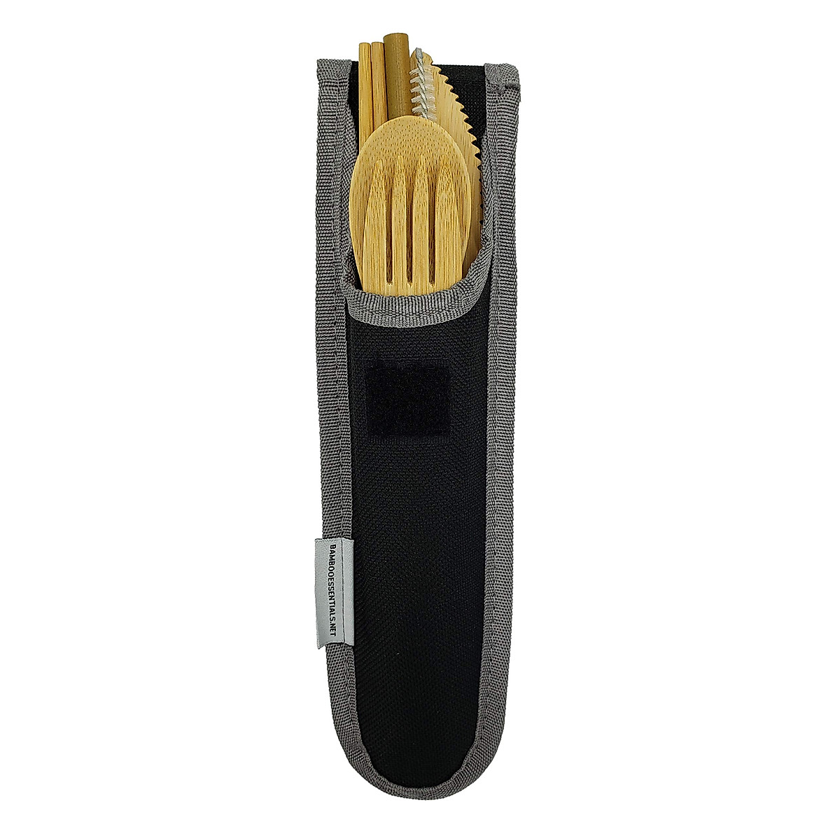 Bamboo Travel Utensil Set | Bamboo Fork, Knife, Spoon, Chopsticks, Straw, Straw-cleaning brush, Travel Pouch and Carabiner | Excellent For Everyday Use! ((1Set) Midnight Black)