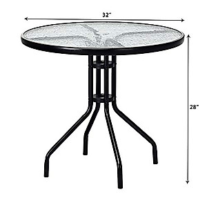 Goplus 32" Outdoor Round Patio Table with Umbrella Hole, All Weather Dining Table Tempered Glass Top, Bistro Table Coffee Table Furniture Commercial Party Event for Backyard Lawn Balcony Pool