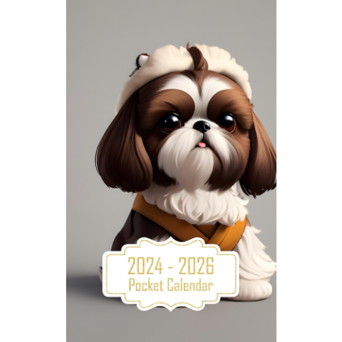 Pocket Calendar 2024-2026: Two-Year Monthly Planner for Purse , 36 Months from January 2024 to December 2026 | Cartoon cute brown Shih Tzu | Vermeer style