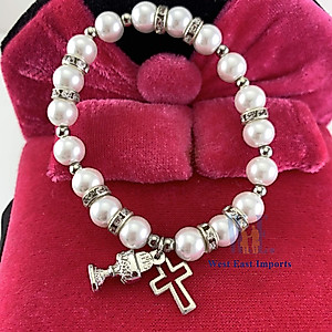 First Holy Communion Favor (12 PCS) White Pearl Bracelet Silver Metal Chalice Cross Charms in Organza Gift Bags with Flowers and Ribbons/Recuerdos para Primera Comunion Niña Niño