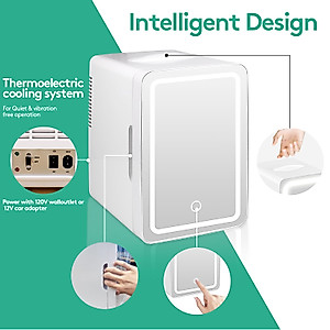 PERSONAL CHILLER Mini Fridge, 6L Skincare Fridge with LED Makeup Mirror, Portable Cosmetic Mini Fridge for Refrigerating Makeup, Snacks, Bedroom Vanity, Office, White