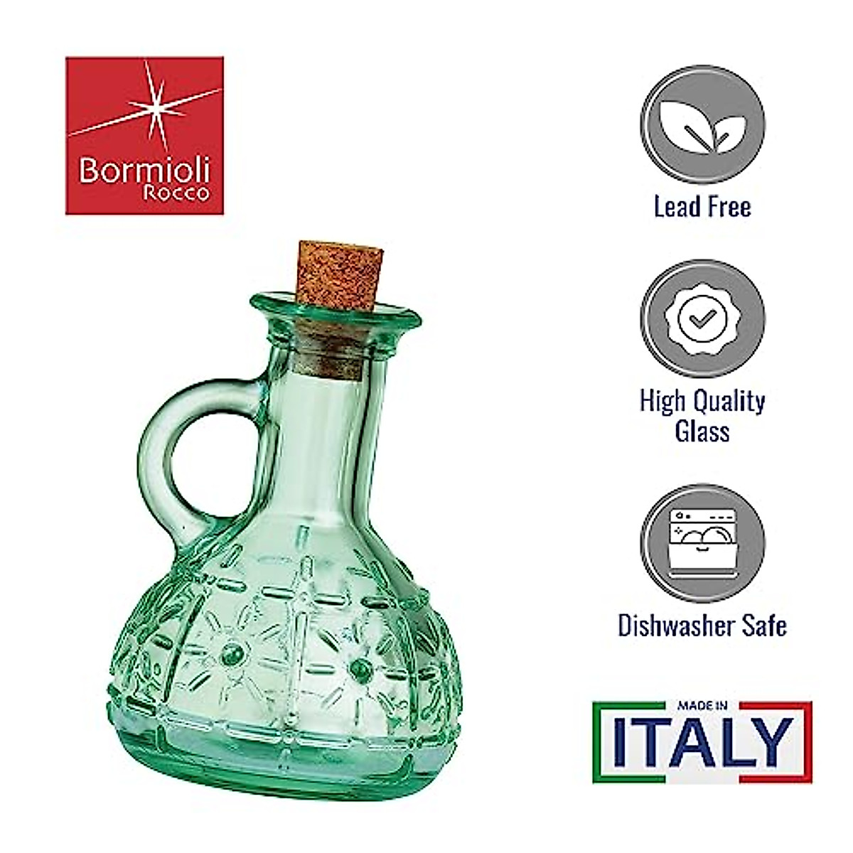Bormioli Rocco Set Of 2 Country Home Olivia Oil Bottle, 7-ounce Cruet With All Natural Cork Lid, Blue-green Tinted Star Glass, Elegant And Floral Design, Made In Italy.
