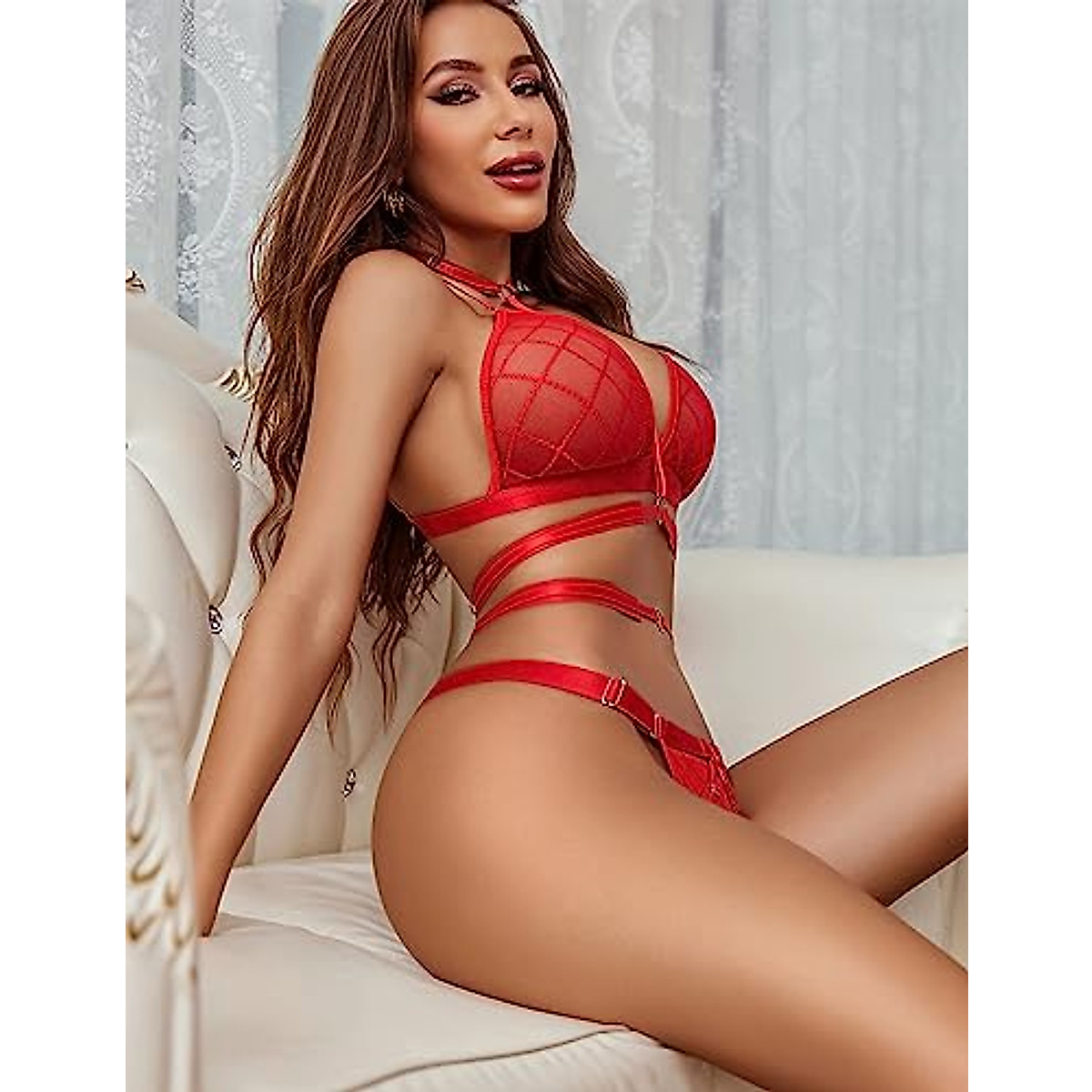 Avidlove Women Sexy Lingerie Bra and Panty Sets Fishnet Sheer Mesh Lingerie Red