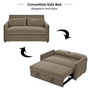 HUMEHA 57" Convertible Sleeper Sofa Bed, 3 in 1 Upholstered Velvet Loveseat Sofa with Put Out Bed, Modern 2 Seats Couch with Adjustable Back, 2 Pillows Side Pocket for Living Room RV, Brown