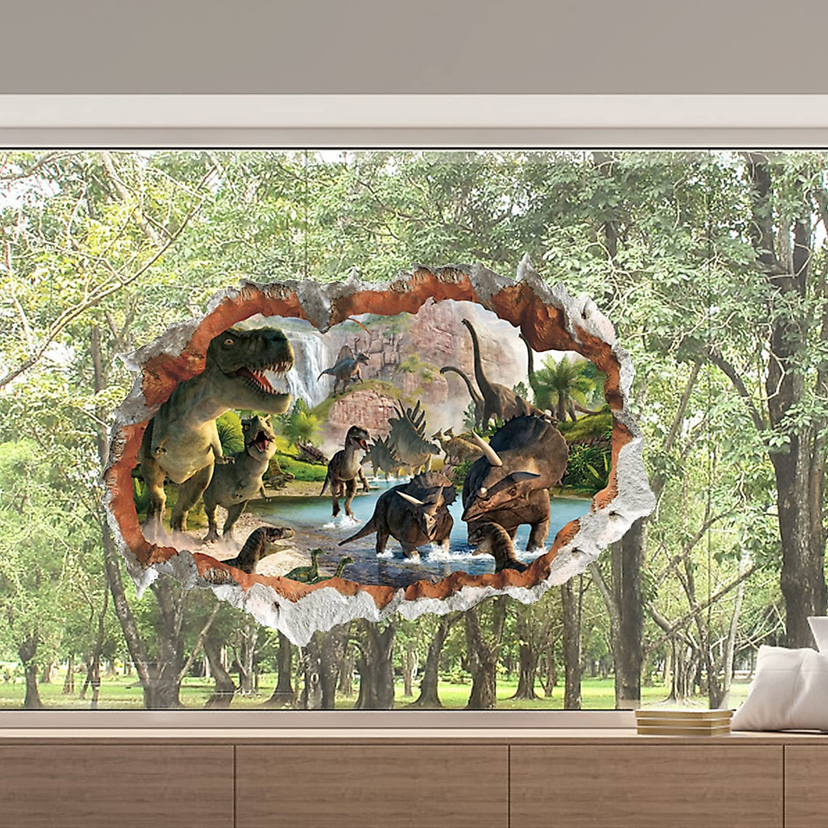 DILIBRA 3PCS 3D Broken Giant Dinosaur Wall Sticker, Simulation Crack Hole Dinosaur Wall Decal, Self-Adhesive Dinosaur Cracked Smashed Wall Decor Mural for Boys Bedroom Baby Kids Nursery