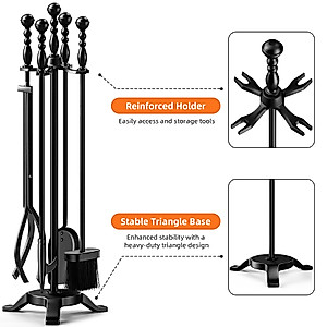 COMFYHOME 5 Piece Fireplace Tools Set, 32'' Heavy Duty Fireplace Tools with Stand, Fire Poker, Shovel, Tongs, Brush, Black Handle Fireplace Kits for Indoor Modern Chimney, Wood Stove, Outdoor Fire Pit