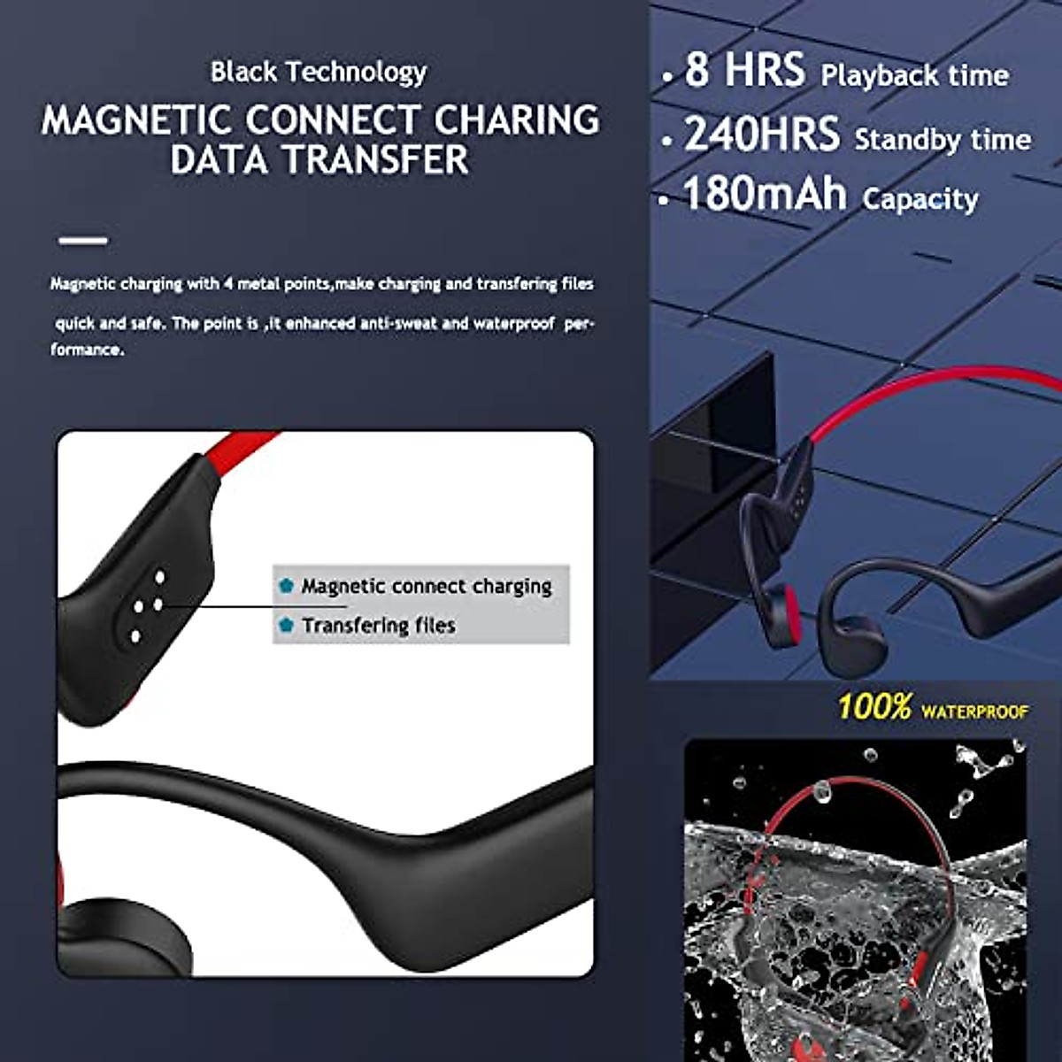 Waterproof Bone Conduction Bluetooth Headphones Ultralight Swimming Headphones IP68 Waterproof Bluetooth 5.3 Open Ear Wireless Sports Headset with MP3 Play 16G Memory for Running Swimming (Black&Red)