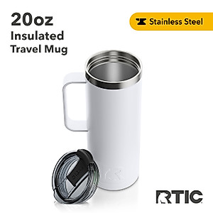 RTIC 20 oz Coffee Travel Mug with Lid and Handle, Stainless Steel Vacuum-Insulated Mugs, Leak, Spill Proof, Hot Beverage and Cold, Portable Thermal Tumbler Cup for Car, Camping, White