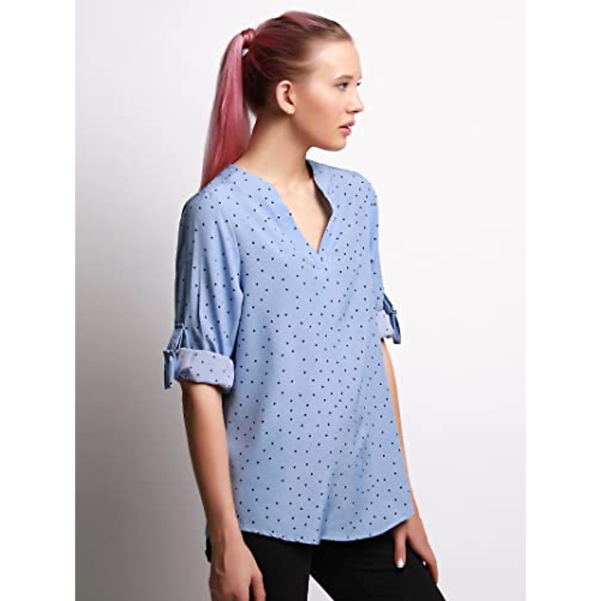 roswear Women's V Neck Long Sleeve Loose Fit Shirt Dressy Casual Blouses Baby Blue X-Large