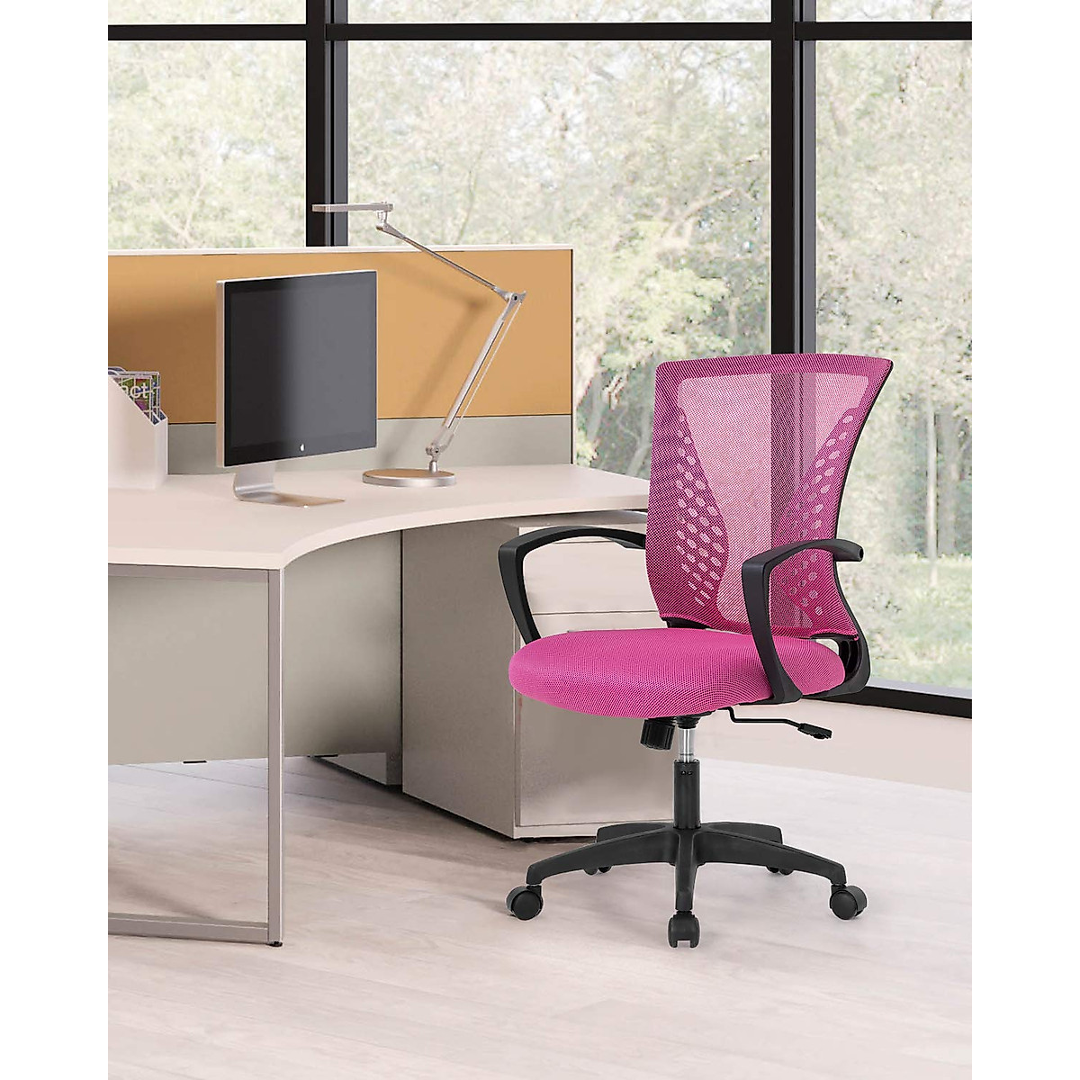 Home Office Chair Mid Back PC Swivel Lumbar Support Adjustable Desk Task Computer Ergonomic Comfortable Mesh Chair with Armrest (Pink)