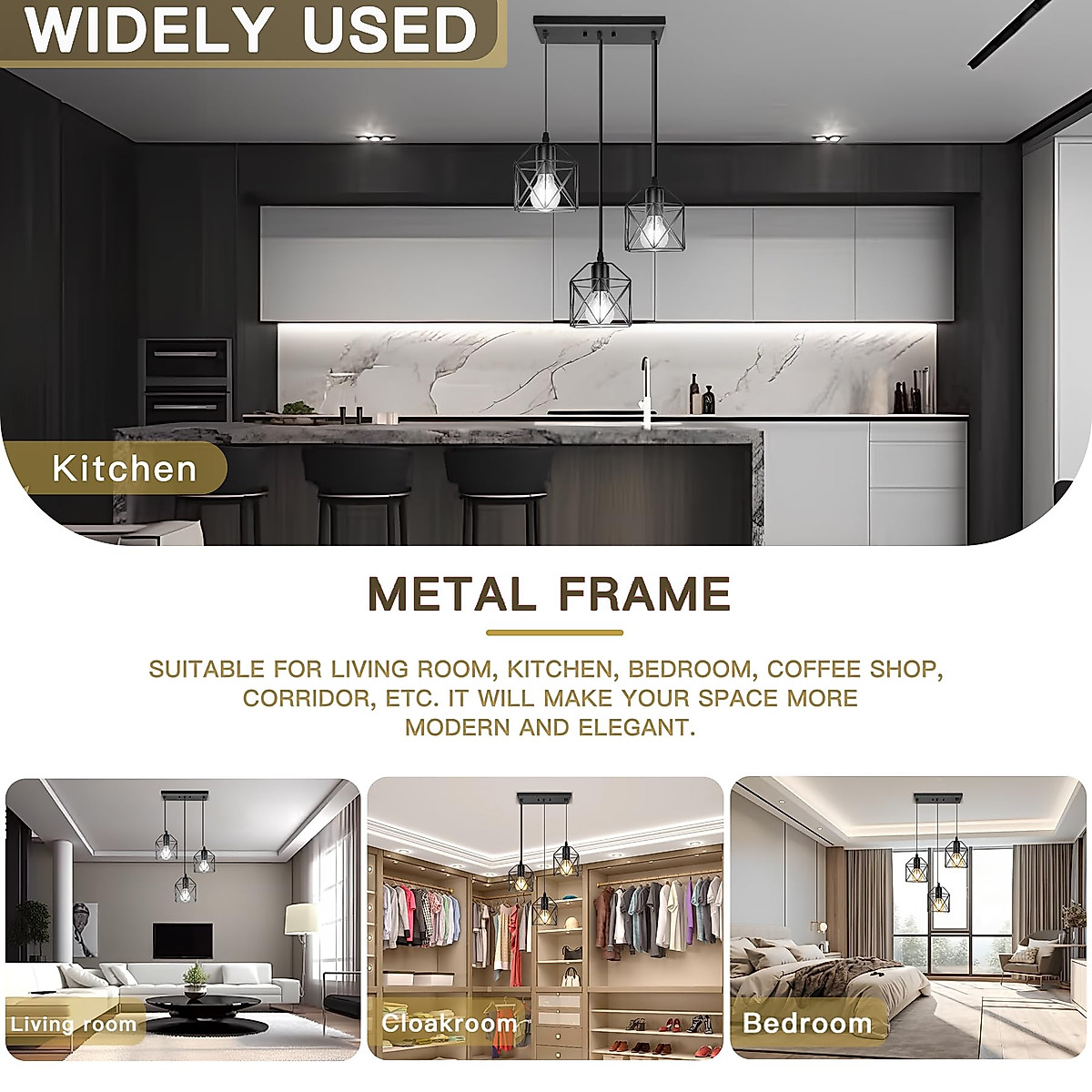 ROCUNSI 3-Light Hanging Pendant Light Fixtures, Farmhouse Kitchen Island Light Fixture, Industrial Hanging Pendant Lighting for Dining Room Bedroom Hallway, Black Metal Cage Pendant Lamp, E26 Base