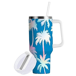 DIGTIA Stainless Steel Insulated Tumbler w/Handle & Straw, Palm Trees Colorful Double Wall Vacuum Travel Coffee Mug Cup w/Lid, Leak-Proof Sports Summer Water Bottle,30oz
