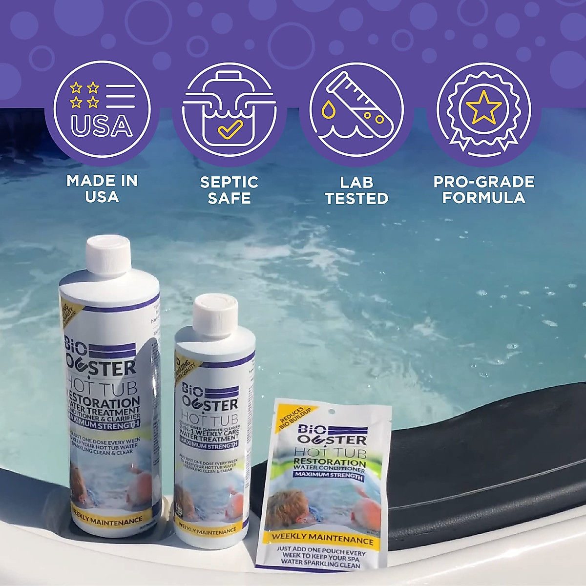 Bio Ouster Hot Tub Chemical Kit Bundle - 3in1 Weekly Cleaner Conditioner Clarifier 4 Pack - Spa Purge Hot Tub Jet Cleaner w/Towel - Inflatable Hot Tub Chemicals Kit, Spa Chemicals for Hot tub