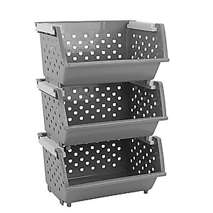 Ggbin 3 Tier Stackable Storage Baskets, Plastic Stacking Open Front Storage Bin, Grey