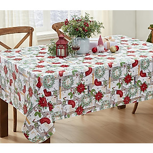 Newbridge Merry Christmas Stocking Holiday Vinyl Flannel Backed Tablecloth - Noel Christmas Wreath, Festive Seasons Greetings Print Wipe Clean Easy Care Xmas Tablecloth, 60” x 102” Oblong/Rectangle