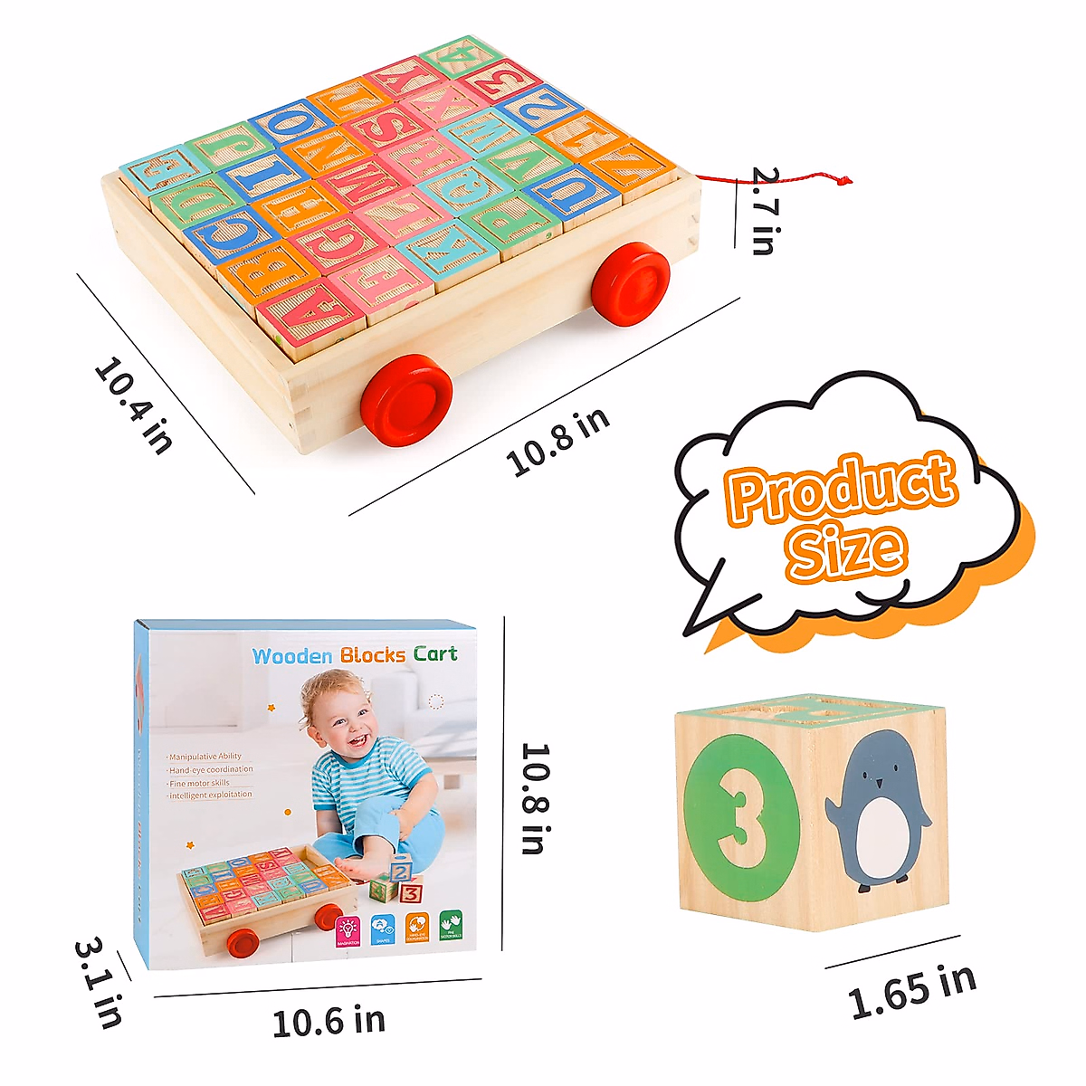 Joqutoys Wooden Building Blocks for Toddlers 1-3, Large Wood Baby Stacking Blocks Set for Kids, 30 PCS Alphabet Blocks with Toy Wagon, Educational Wooden Toys for Boys Girls Gifts 1.65"
