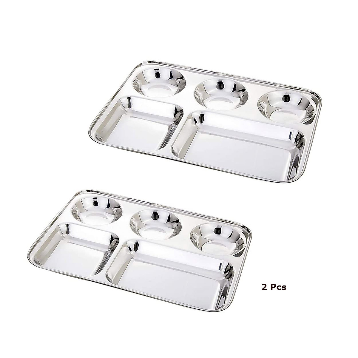Stainless Steel Rectangle/Square 5 Section Compartment Lunch Plate Round and Square Tray Set of 2