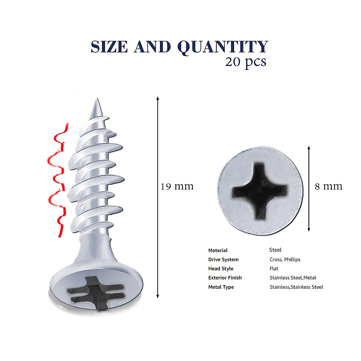 Hession #8 x 3/4 Inch Silver Wood Screws Self Tapping Scrwes Bugle Head Phillips Drive Hi Low Thread Sharp Point Zinc Plated 20pcs