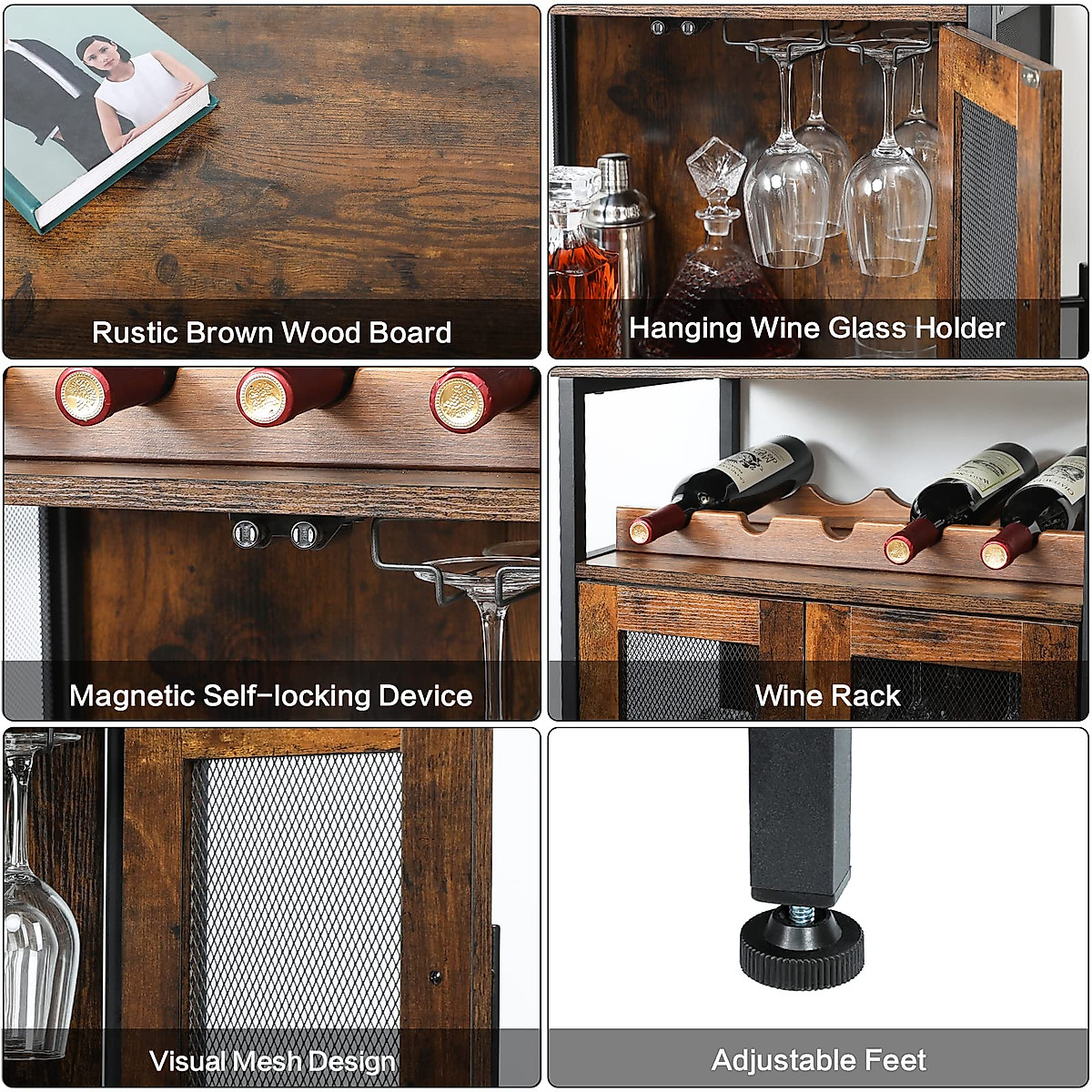 X-cosrack Wine Bar Rack Cabinet with Detachable Wine Rack, Coffee Bar Cabinet with Glass Holder, Small Sideboard and Buffet Cabinet with Mesh Door, Rustic Brown(Patent Pending)