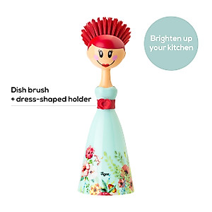 Vigar Dolls Dish Brush with Ergonomic Handle and Dres-Shaped Storage Holder - Scrub Brush for Pans, Pots, Kitchen Sink Cleaning, Blue/Pink