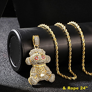 FW Jewelry Mens Hip Hop Iced Out Chain Necklaces Silver Gold Pendant Chains for Boys 22 Inch (Gold Monkey, Rope Chain)