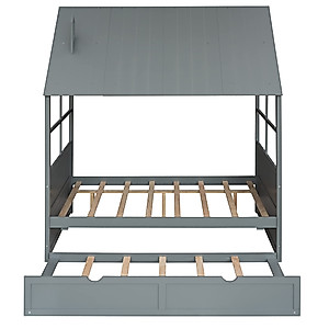 BIADNBZ Full Size House Bed with Twin Trundle, Wooden Platform BedFrame Daybed w/Roof&Window for Kids Boys Girls Bedroom, Gray