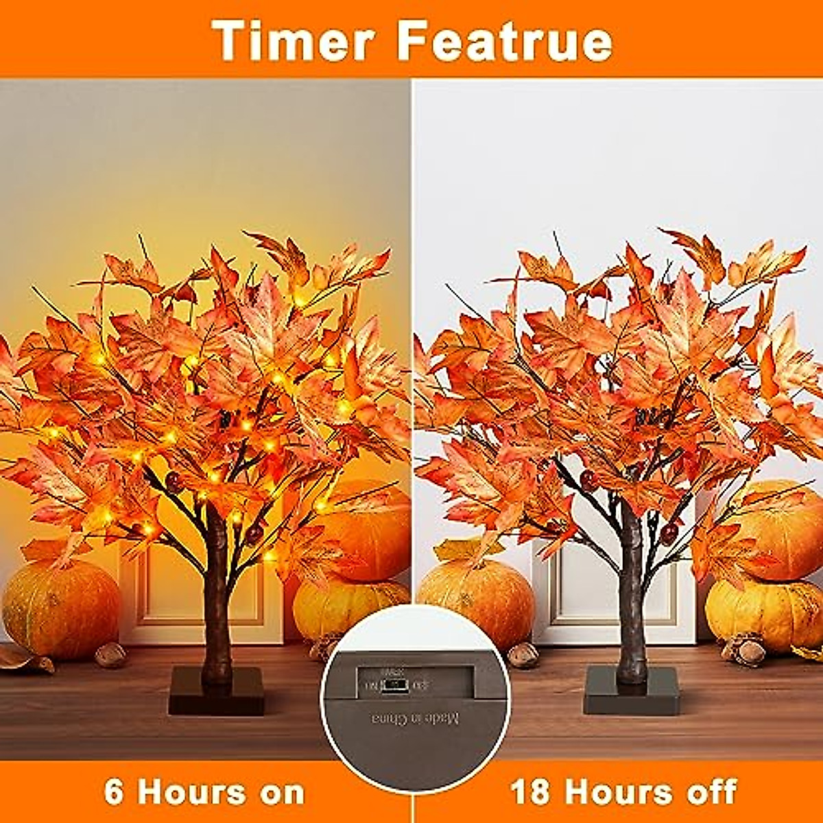 FastDeng 1.5ft Lighted Maple Tree, Artificial Fall Maple Tree with 36 LED Lights, 72 Leaves,6 Acorns, Autumn Tabletop Tree with Burlap Base for Indoor Fall Harvest, Thanksgiving Decorations (2Pack)