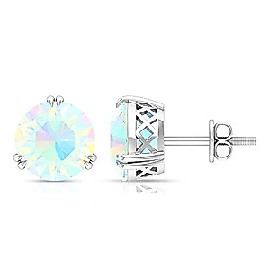 Natural Ethiopian Opal Solitaire Stud Earrings, Certified 8 MM Rainbow Opal, AAA Quality, October Birthstone Earrings, 14K White Gold