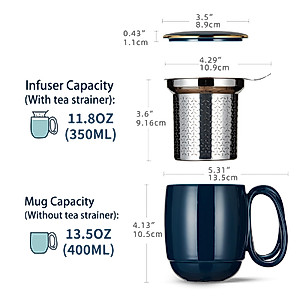 ZENS Tea Cup with Infuser and Lid, 16 Ounces Entwined Handle Porcelain Mug, Loose Tea Steeping Mug with Gold Trim Lid for Tea Gift/Navy Blue 480ML