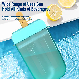 Cute Water Bottle with Straw, 300 ML Creative Ice Cream Popsicle Cups with Adjustable Shoulder Strap for School Girls Kids, Kawaii Flat Portable Leak proof Drinking Bottles for Camping Travel - Blue