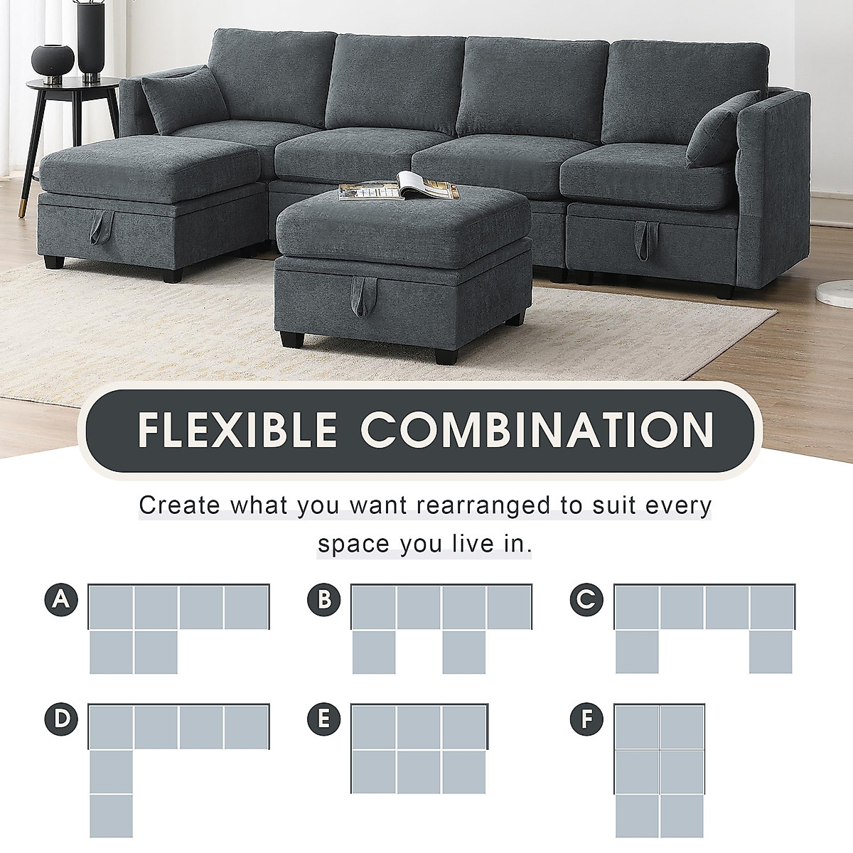 Ucloveria Chenille Modular Sectional, U Shaped Couch with Adjustable Armrests and Backrests,6 Reversible Sofa Bed with Storage Seats for Living Room, Apartment,Grey, Grey-109
