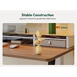 FEZIBO Electric Standing Desk with Glass Top Monitor Stand,55 x 26 Inch Adjustable Sit Stand Up Table with Double Drawer, Sit Stand Desk with Storage Shelf, White Frame/Light Walnut Top