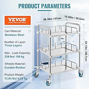VEVOR Lab Rolling Cart, 3-Shelf Stainless Steel Rolling Cart, Lab Serving Cart with Swivel Casters, Dental Utility Cart for Clinic, Lab, Hospital, Salon, 26.38"x15.55"x34.13"