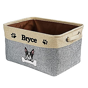 MALIHONG Personalized Foldable Storage Basket with Cute Dog Boston Terrier Collapsible Sturdy Fabric Bone Pet Toys Storage Bin Cube with Handles for Organizing Shelf Home Closet, Grey and White