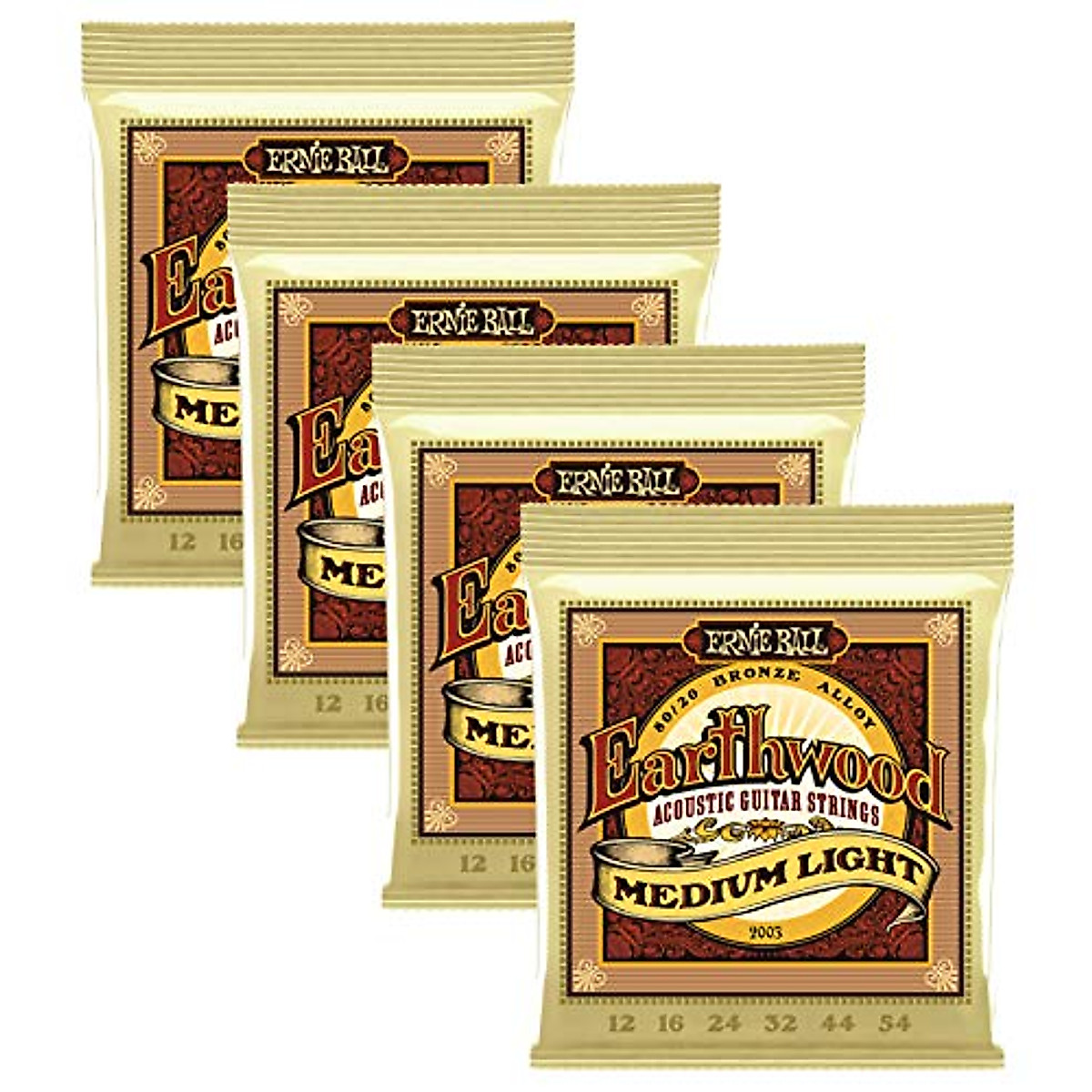 4 Pack Ernie Ball Earthwood Medium Light Acoustic Strings, 80/20 Bronze, P02003