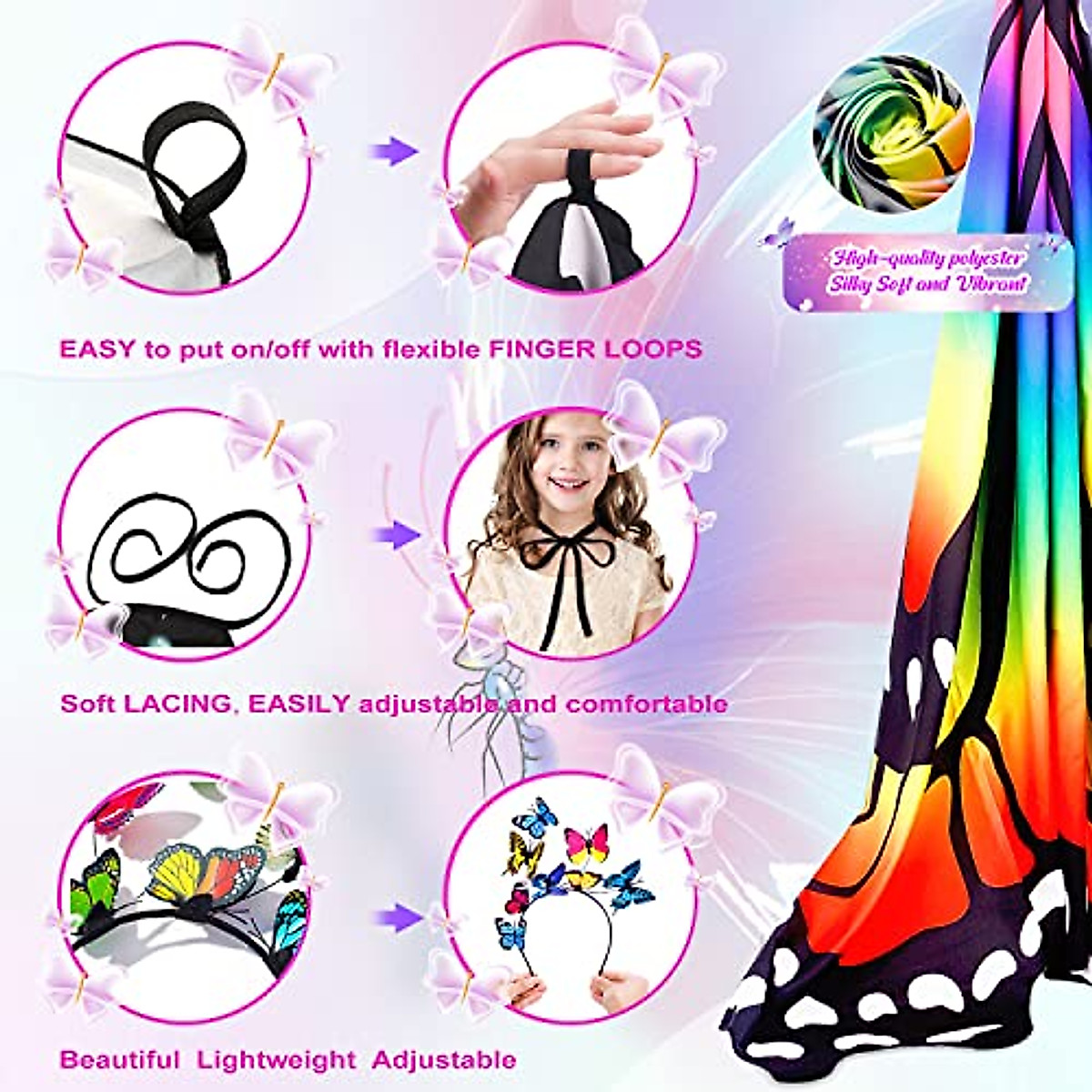 LYL. Ling Butterfly Wings For Girls, Double-Sided Fairy Wings, Kids Halloween Butterfly Costumes, 3PCS Butterfly Cape Set.