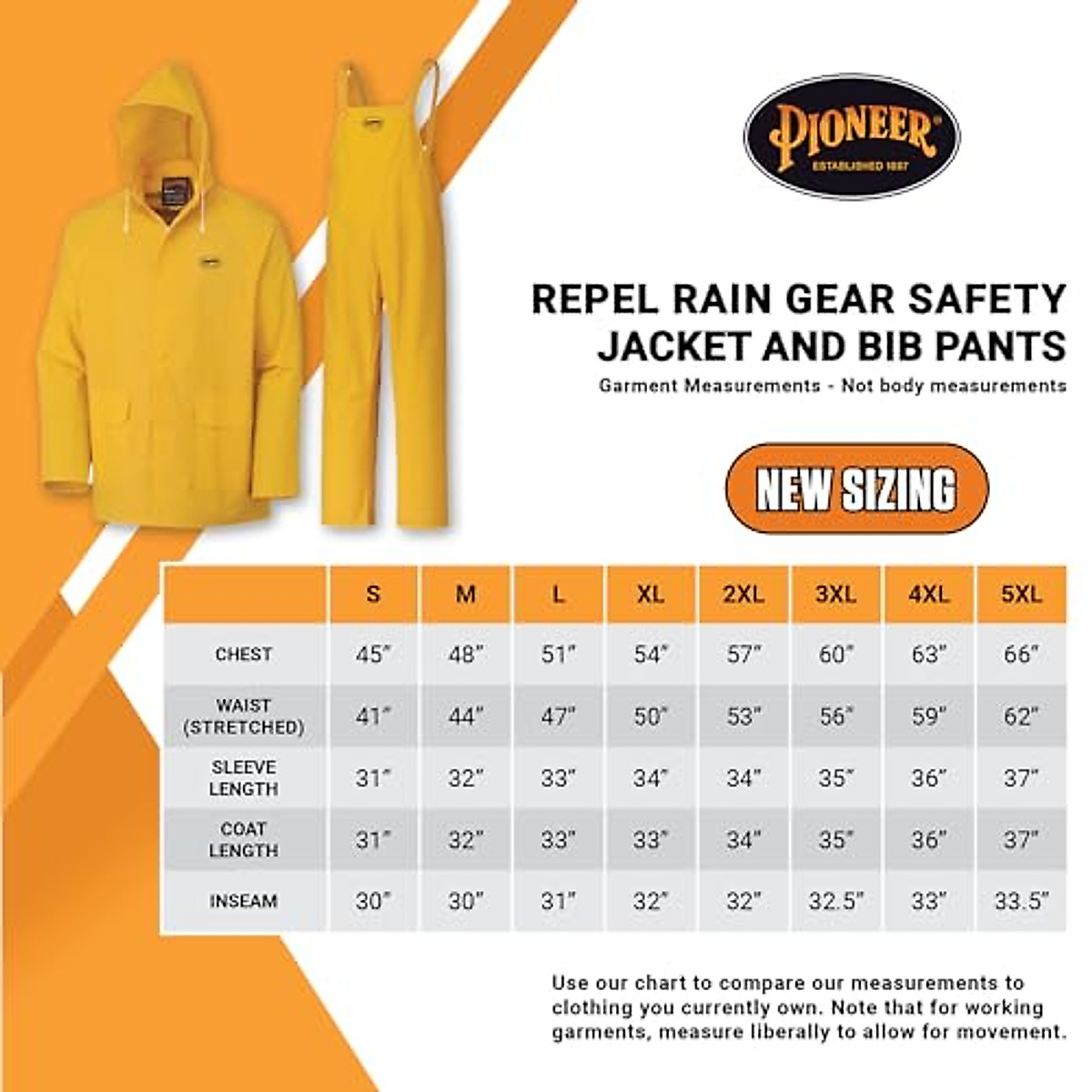 Pioneer Waterproof PVC Work Suit for Men – Repel Rain Gear Yellow Safety Jacket and Bib Pants - 3 PC Set With Detectable Hood