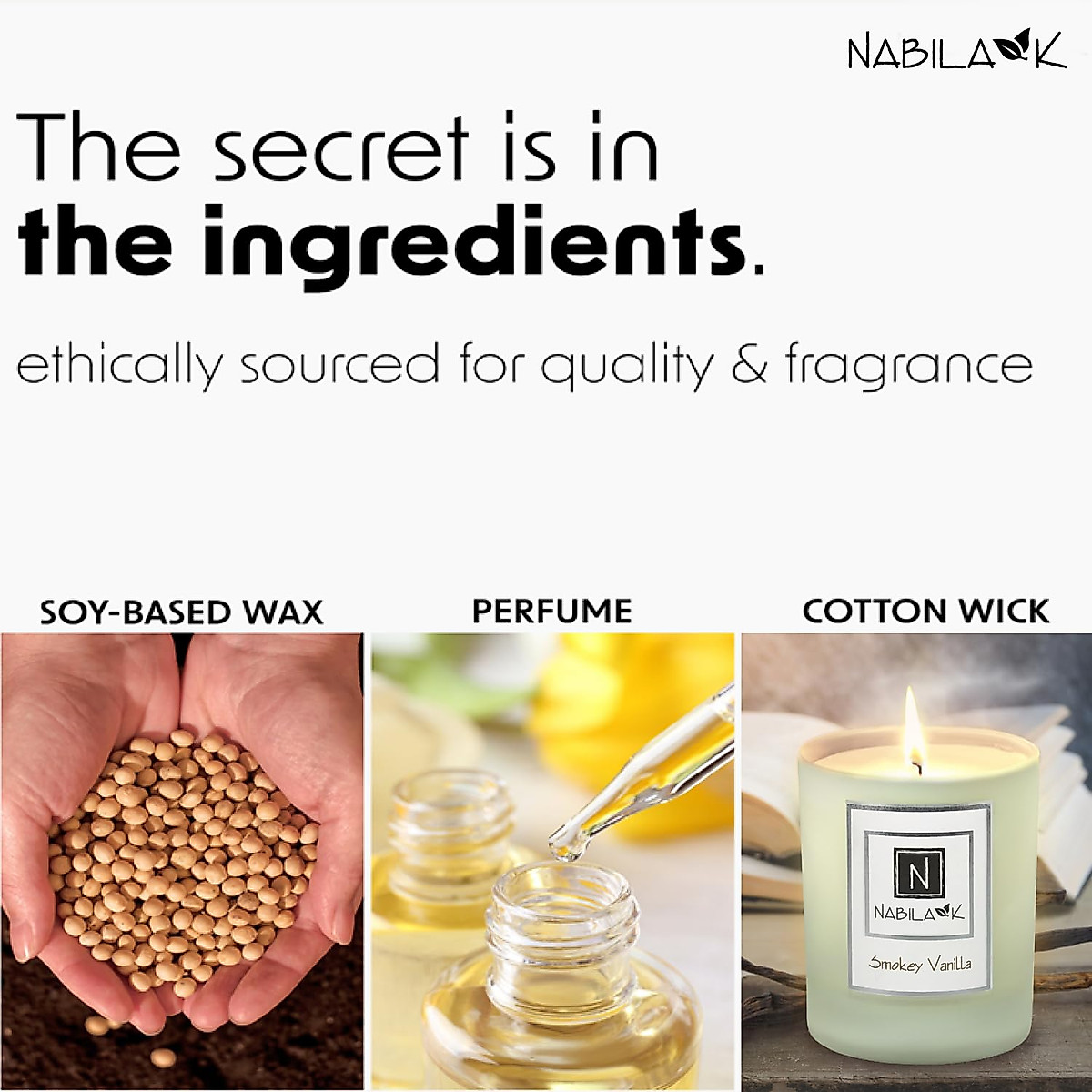 Nabila K – Smokey Vanilla - Soy-Based Candle – Anise, Nutmeg, Spicy Clove, Ginger, Sweet Vanilla, Amber - Hand-Poured - Cotton Wick - Aromatherapy Candle w/Essential Oils - Made in USA - 3 oz